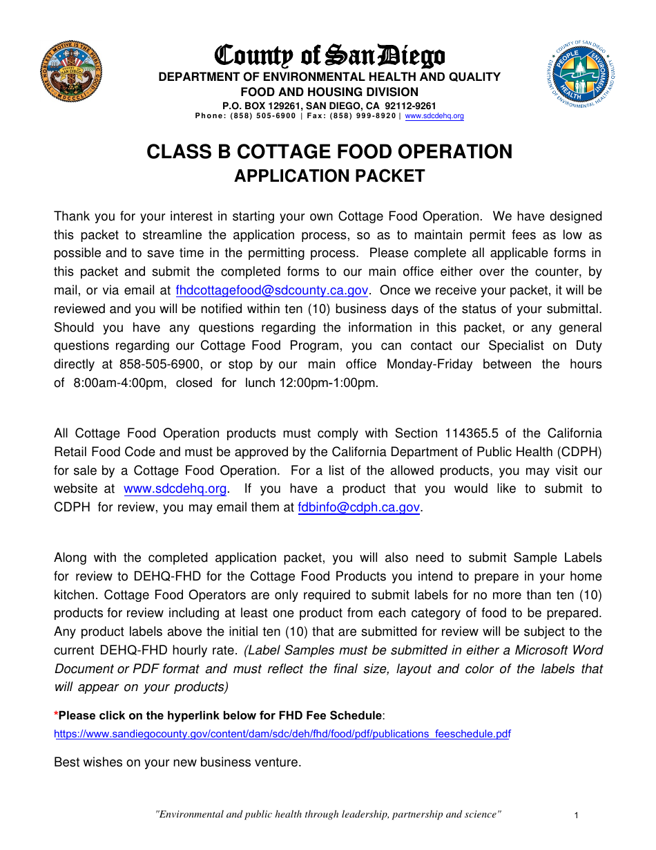 County of San Diego, California Class B Cottage Food Operation Application Packet - Fill Out ...