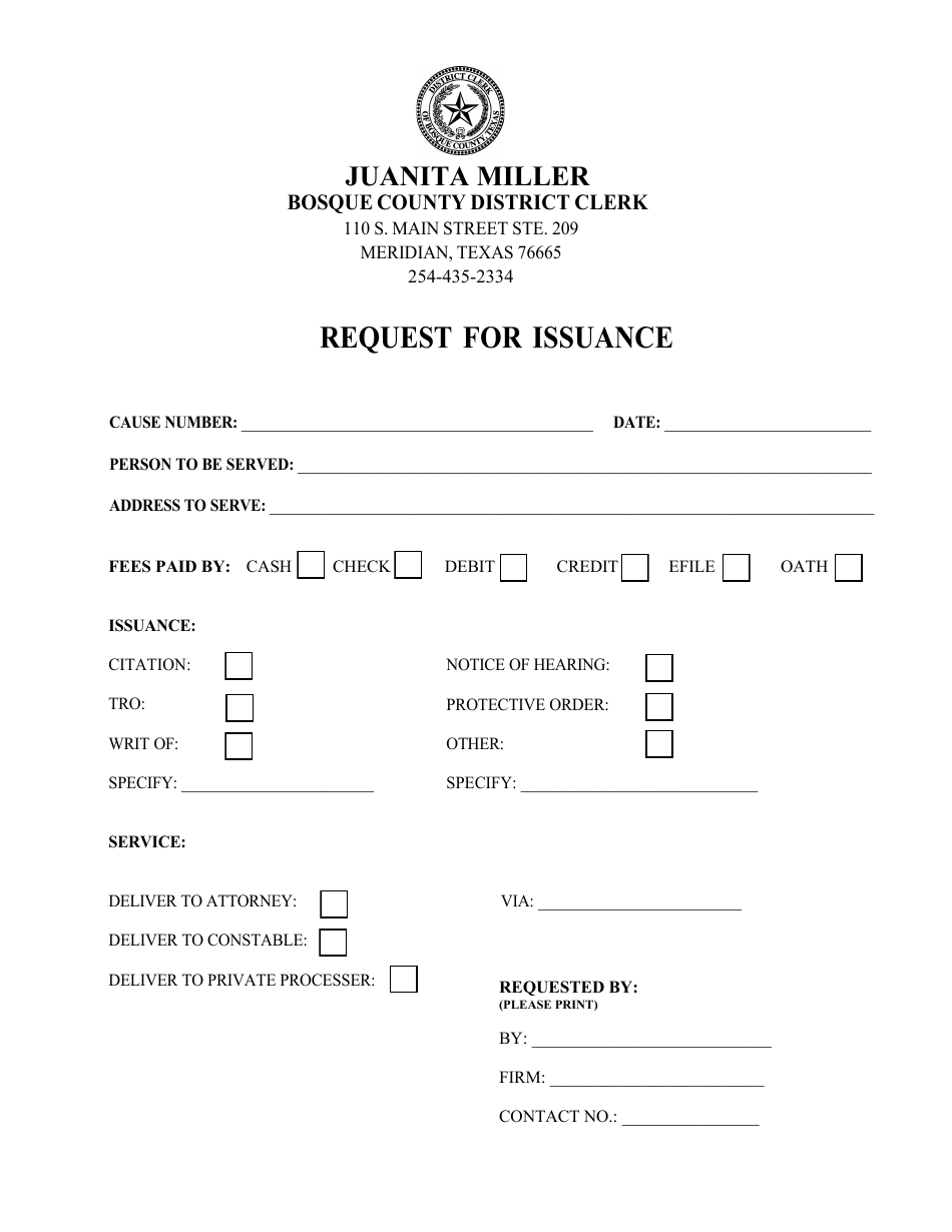 Bosque County, Texas Request for Issuance - Fill Out, Sign Online and Download PDF | Templateroller