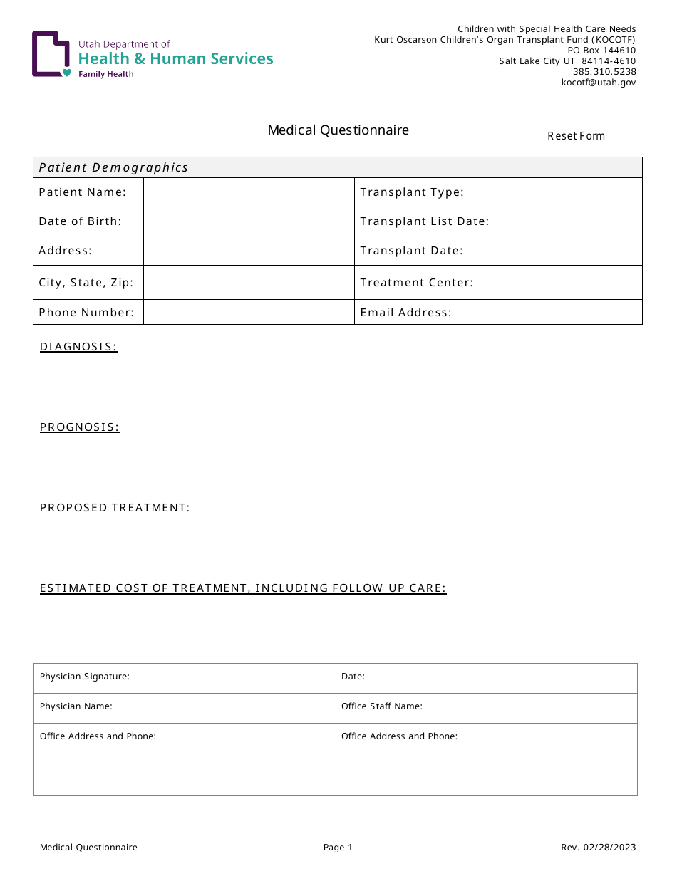 Utah Medical Questionnaire - Kurt Oscarson Children's Organ Transplant ...