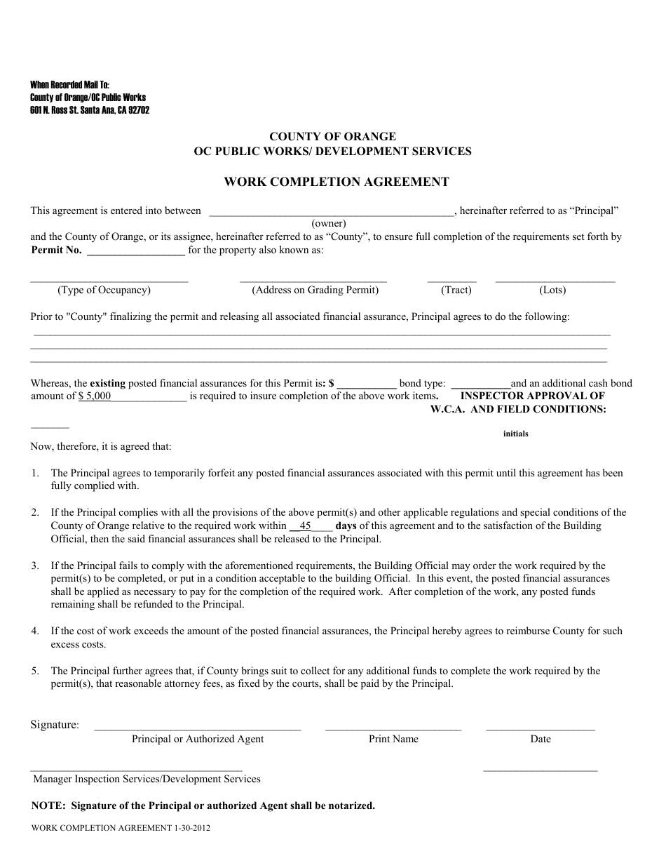 Orange County, California Work Completion Agreement - Fill Out, Sign ...