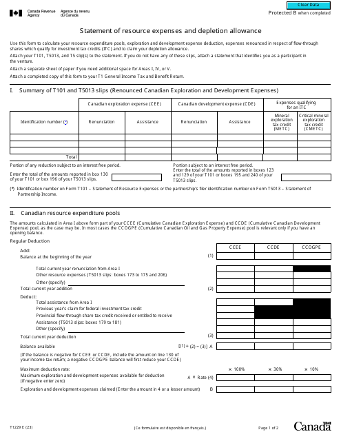 Form T1229 Download Fillable PDF or Fill Online Statement of Resource ...