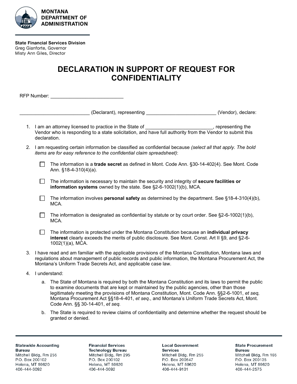 Montana Declaration in Support of Request for Confidentiality - Fill ...