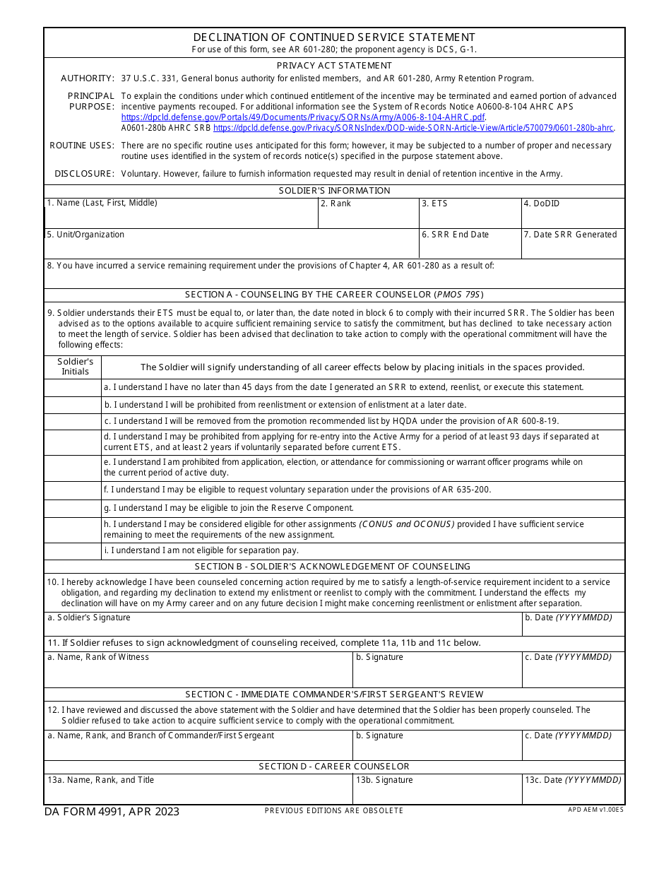 DA Form 4991 Download Fillable PDF or Fill Online Declination of ...