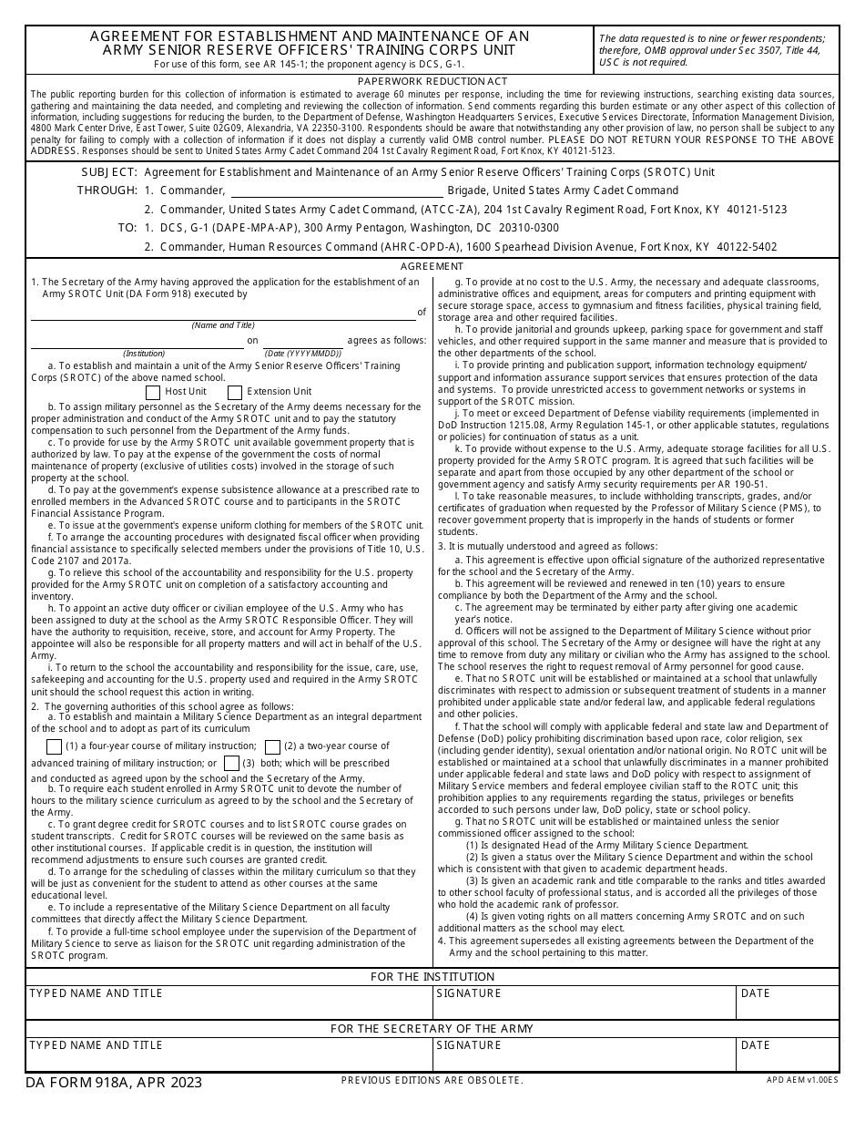 DA Form 918A Download Fillable PDF or Fill Online Agreement for ...