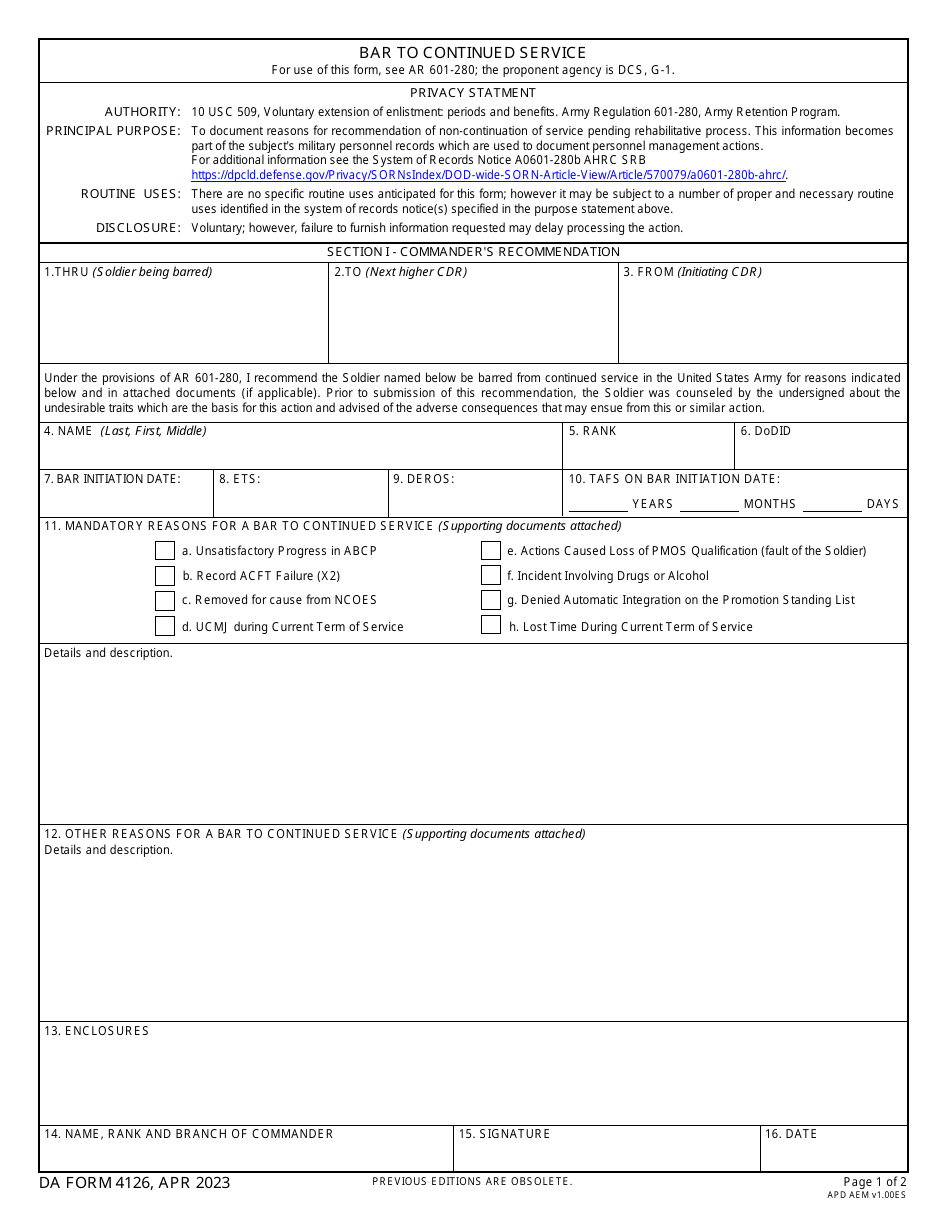 DA Form 4126 Download Fillable PDF or Fill Online Bar to Continued ...