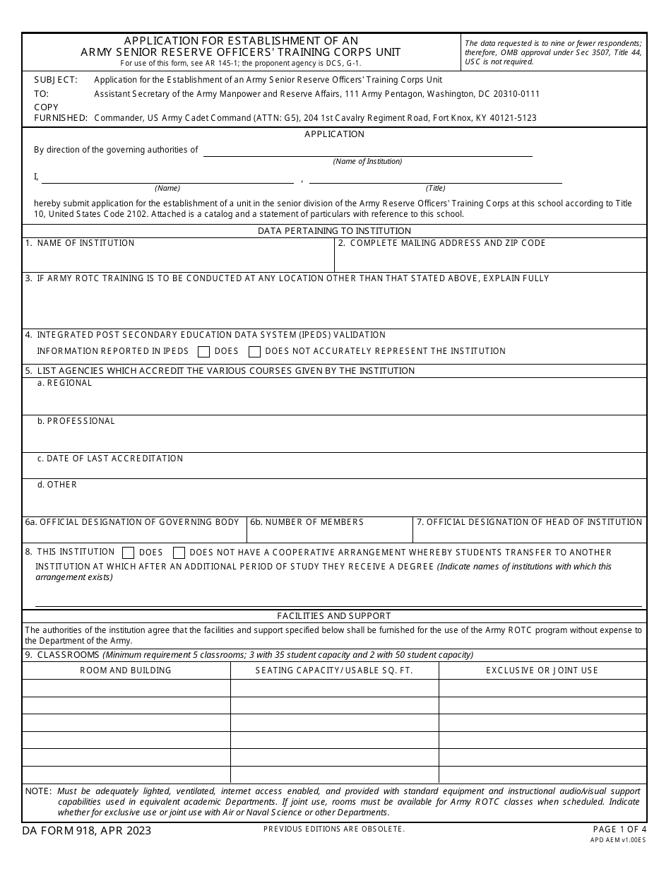 DA Form 918 Download Fillable PDF or Fill Online Application for ...