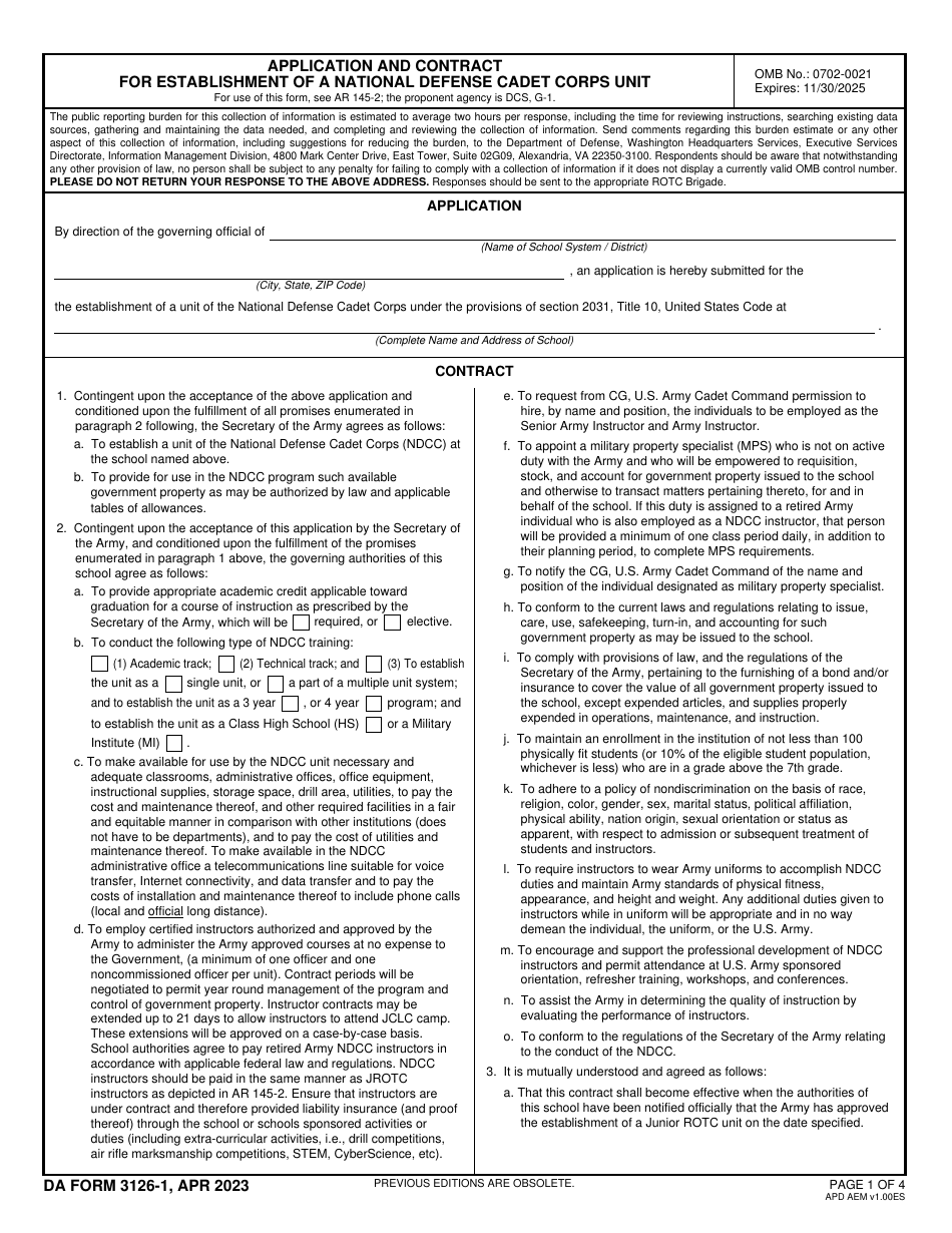 DA Form 3126-1 Download Fillable PDF or Fill Online Application and ...