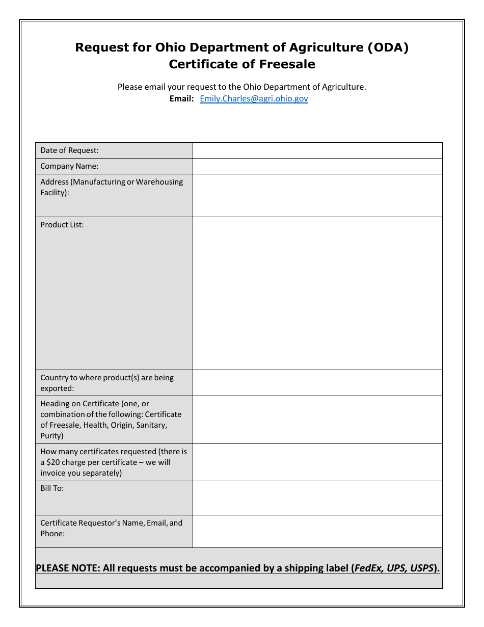 Ohio Request for Ohio Department of Agriculture (Oda) Certificate of ...