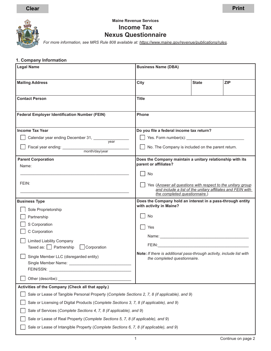 Maine Income Tax Nexus Questionnaire - Fill Out, Sign Online and ...