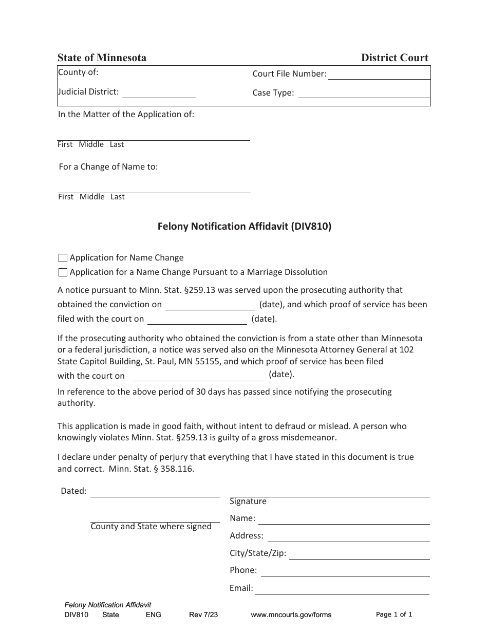 Form DIV810 Download Fillable PDF or Fill Online Felony Notification ...