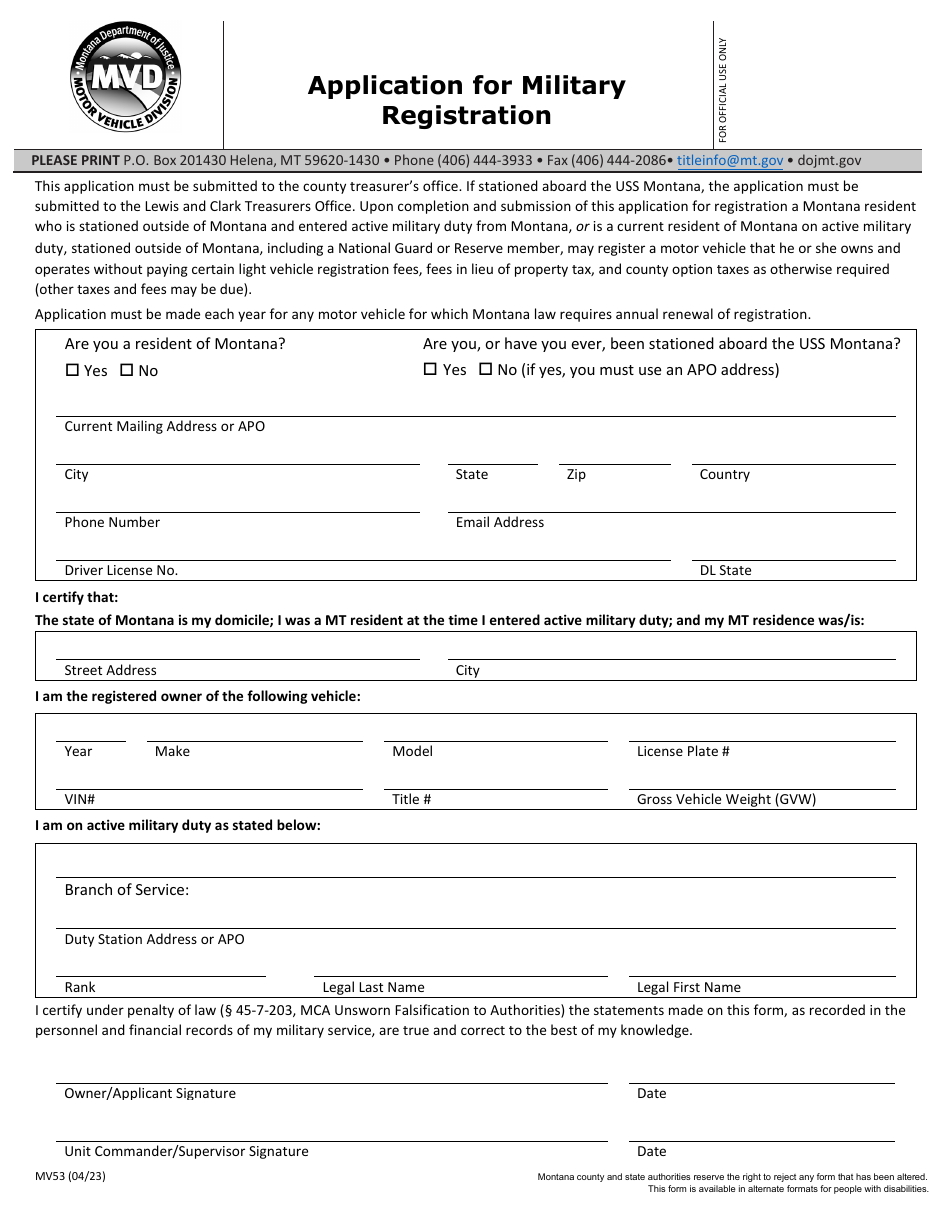 Form MV53 Download Fillable PDF or Fill Online Application for Military ...