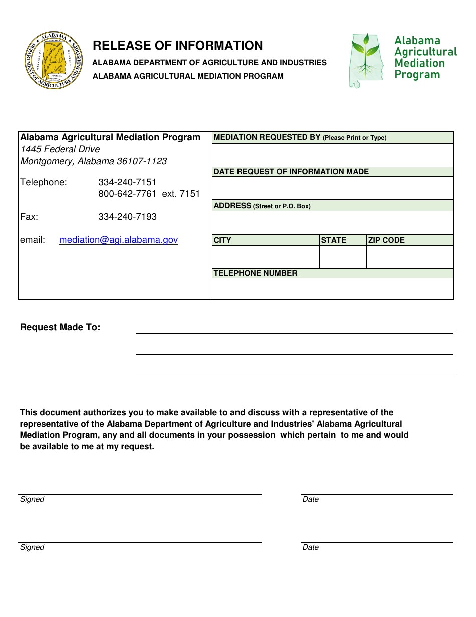 Alabama Release of Information - Alabama Agricultural Mediation Program - Fill Out, Sign Online ...