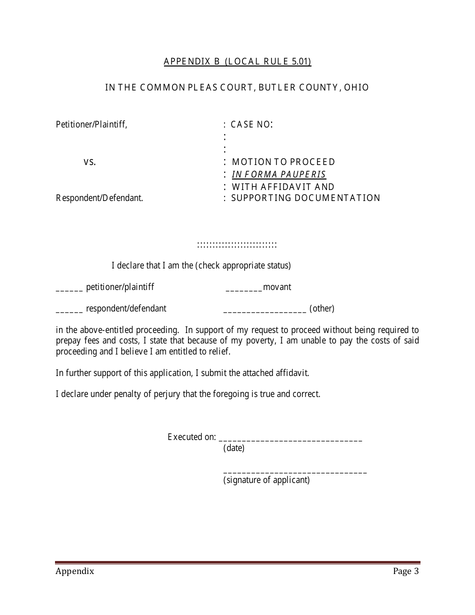 Butler County, Ohio Motion to Proceed in Forma Pauperis With Affidavit ...