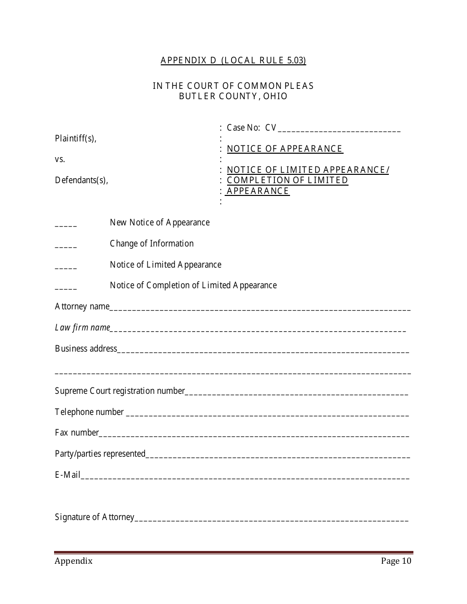 Butler County, Ohio Notice of Limited Appearance/Completion of Limited Appearance - Fill Out ...