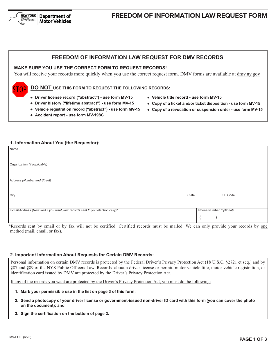 Form MV-FOIL Download Fillable PDF or Fill Online Freedom of ...