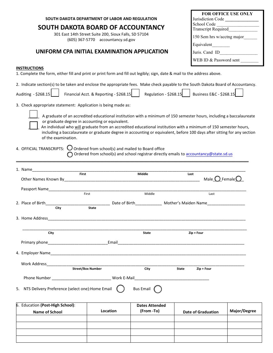 Form BOA2 Download Fillable PDF or Fill Online Uniform CPA Initial Examination Application ...