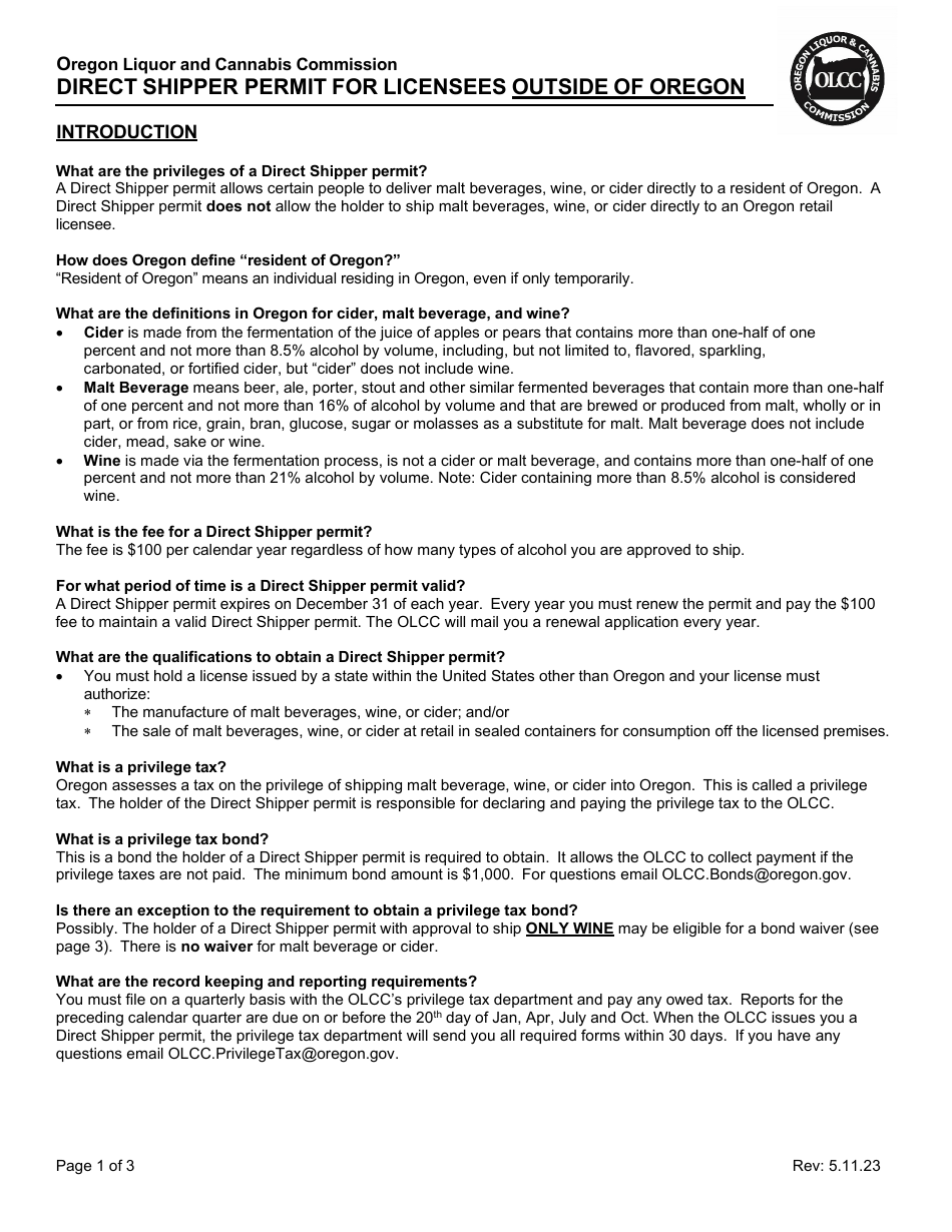 Oregon Direct Shipper Permit Application and Agreement for Licensees ...