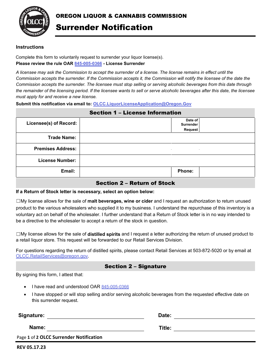 Oregon Surrender Notification - Fill Out, Sign Online and Download PDF ...