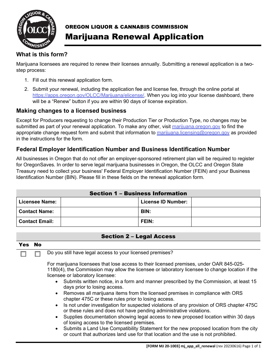 Form MJ20-1003 Download Fillable PDF or Fill Online Marijuana Renewal ...