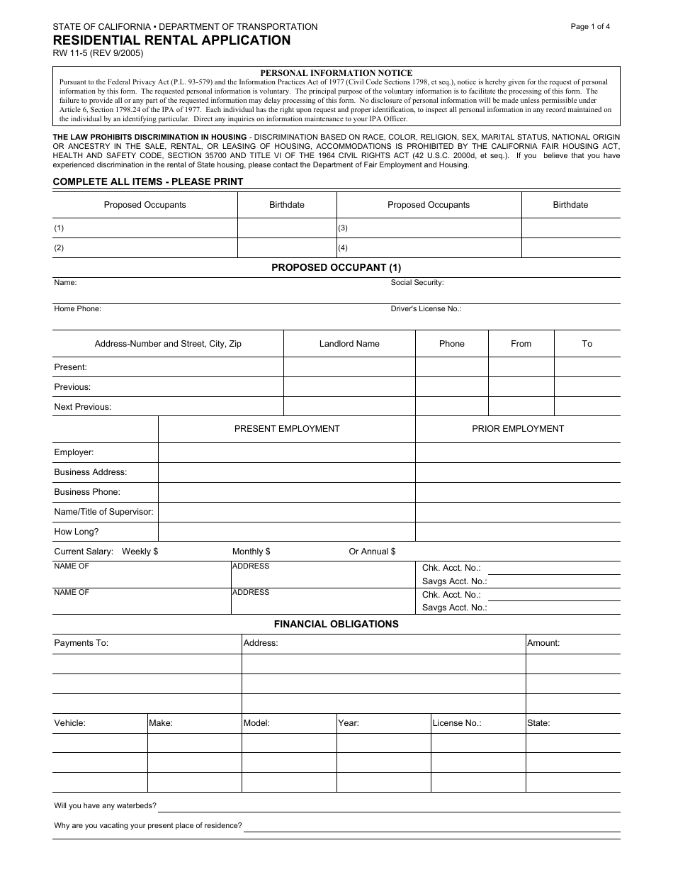 Form RW11-5 Download Fillable PDF or Fill Online Residential Rental ...