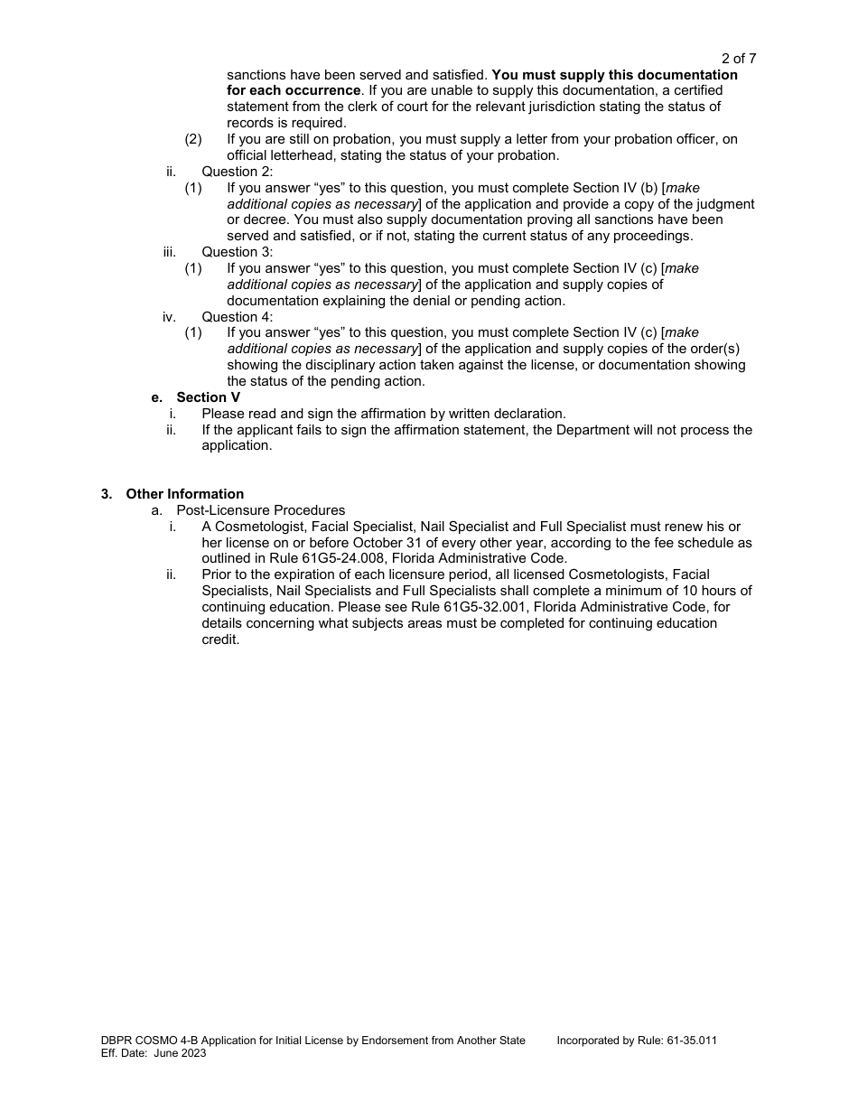 Form DBPR COSMO4-B Download Printable PDF or Fill Online Application for Initial License by ...