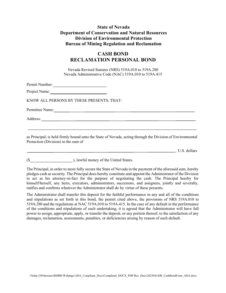 Nevada Cash Bond Reclamation Personal Bond Download Fillable PDF ...