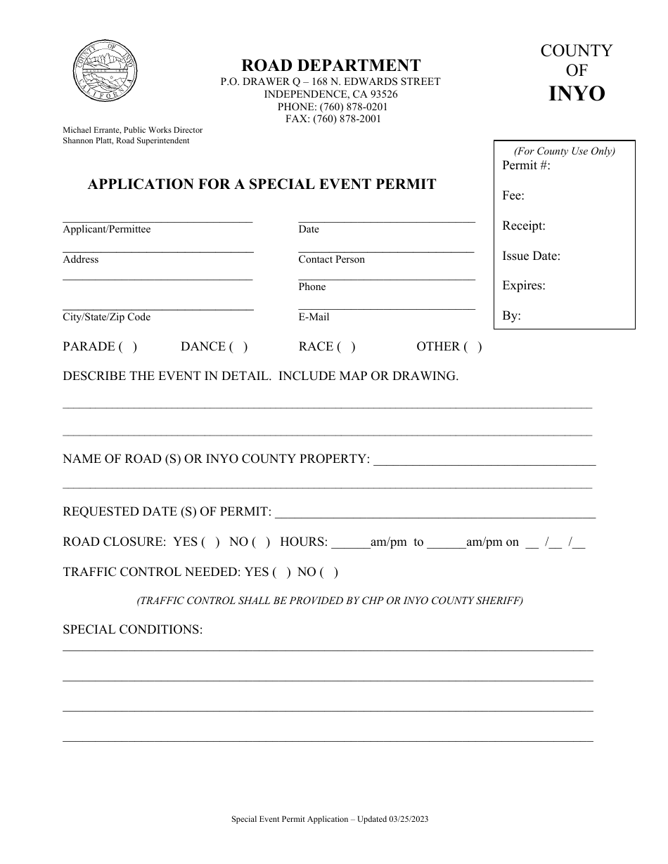 Inyo County, California Application for a Special Event Permit Download Fillable PDF 2014 — 2024 ...