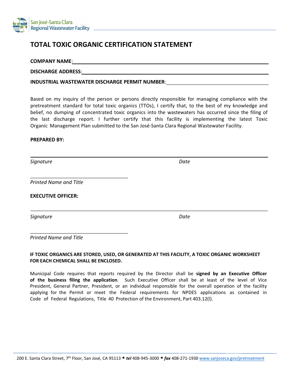 City of San Jose, California Total Toxic Organic Certification Statement - Fill Out, Sign Online ...