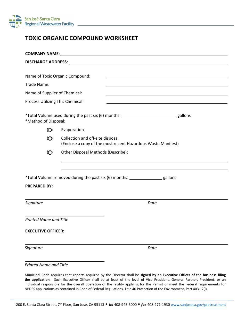 City of San Jose, California Toxic Organic Compound Worksheet - Fill ...