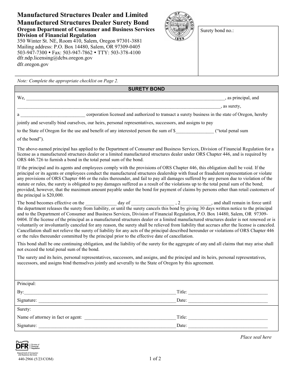 Form 440-2966 - Fill Out, Sign Online and Download Fillable PDF, Oregon | Templateroller