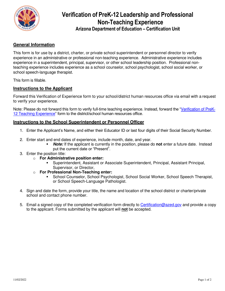 Arizona Verification of Administrative a Professional Non-teaching ...