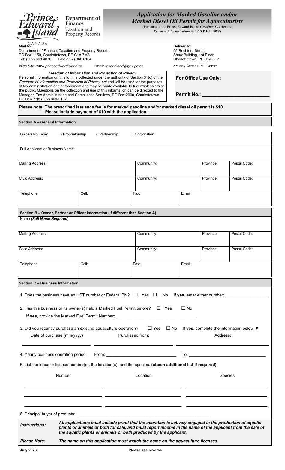 Prince Edward Island Canada Application for Marked Gasoline and/or ...