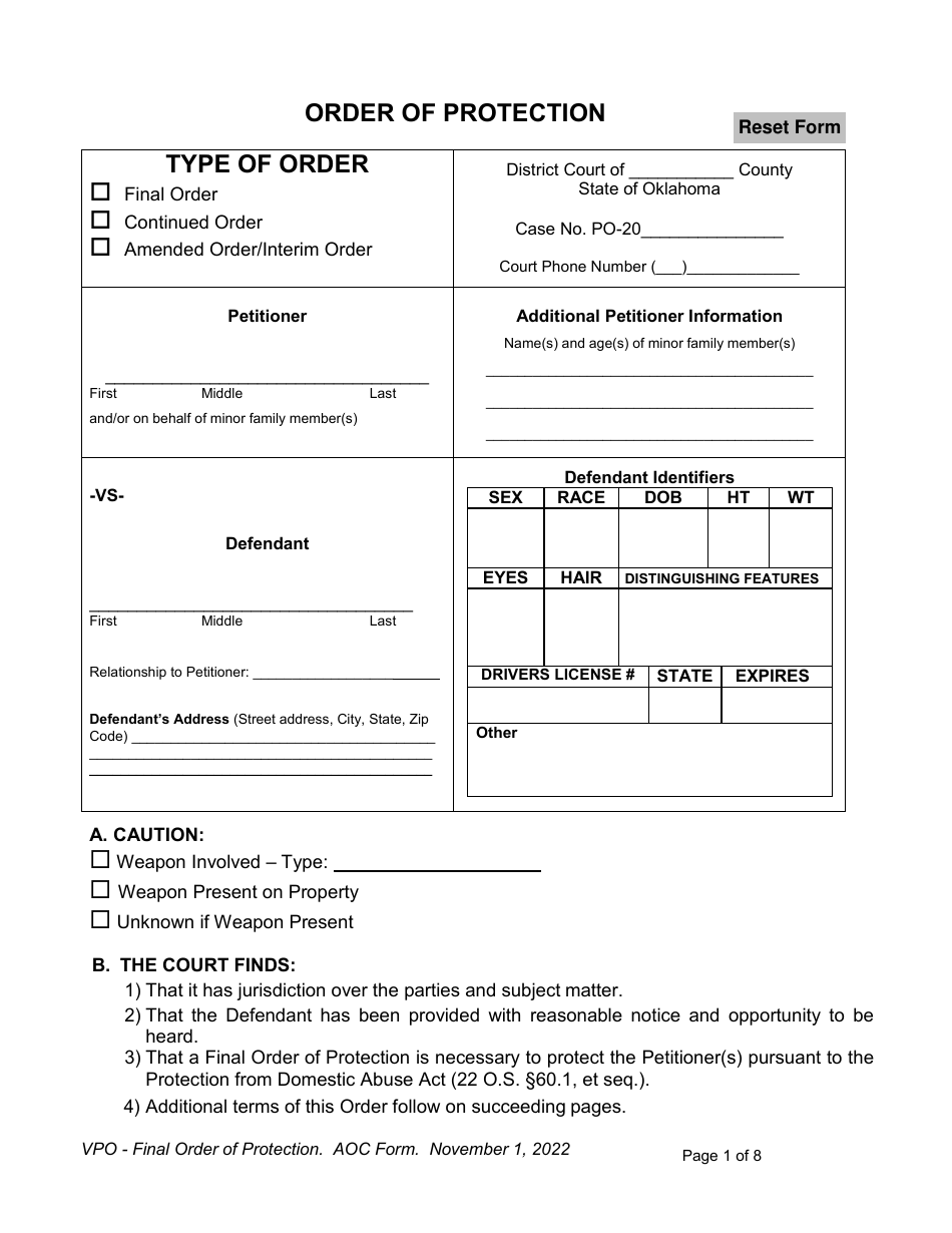 Oklahoma Order of Protection Download Fillable PDF | Templateroller