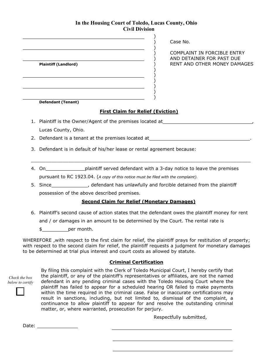 City of Toledo, Ohio Complaint in Forcible Entry and Detainer for Past ...