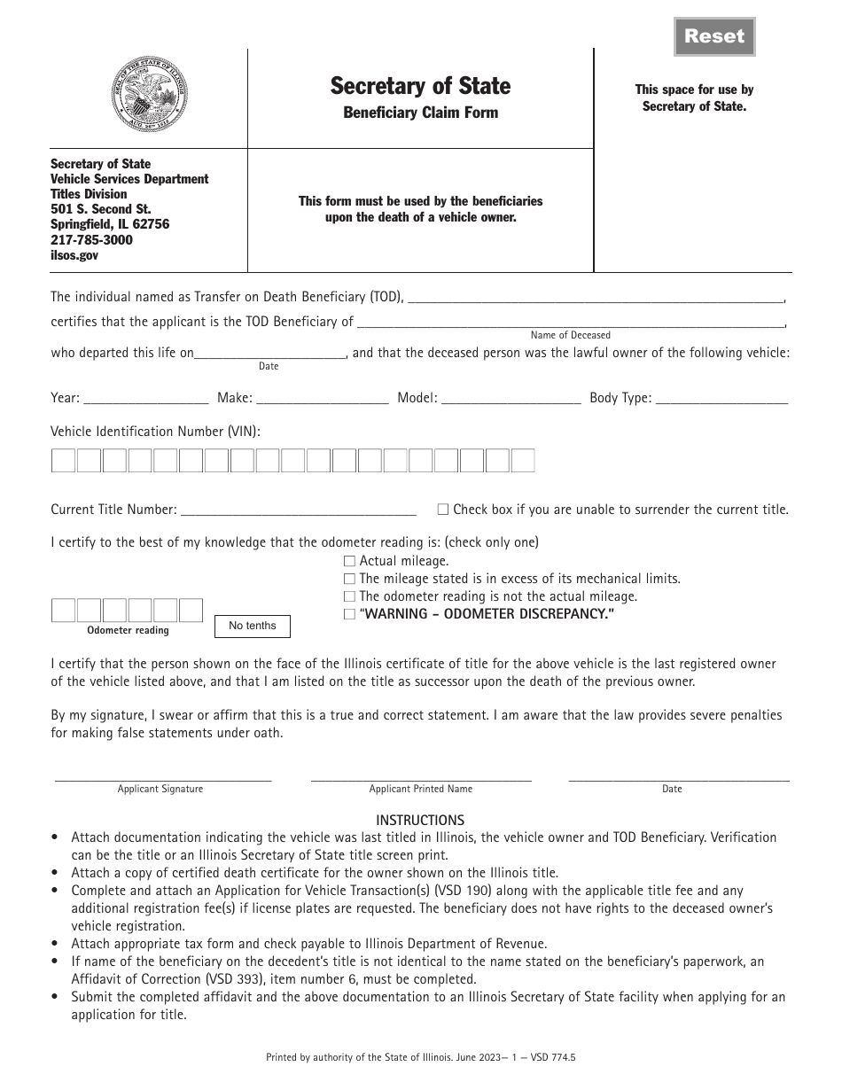 Form VSD774 Download Fillable PDF or Fill Online Beneficiary Claim Form ...