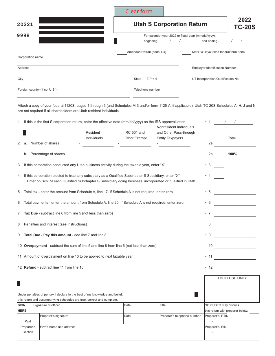 Form TC-20S - 2022 - Fill Out, Sign Online and Download Fillable PDF ...