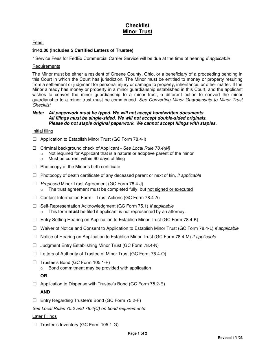 Greene County, Ohio Checklist - Minor Trust - Fill Out, Sign Online and ...