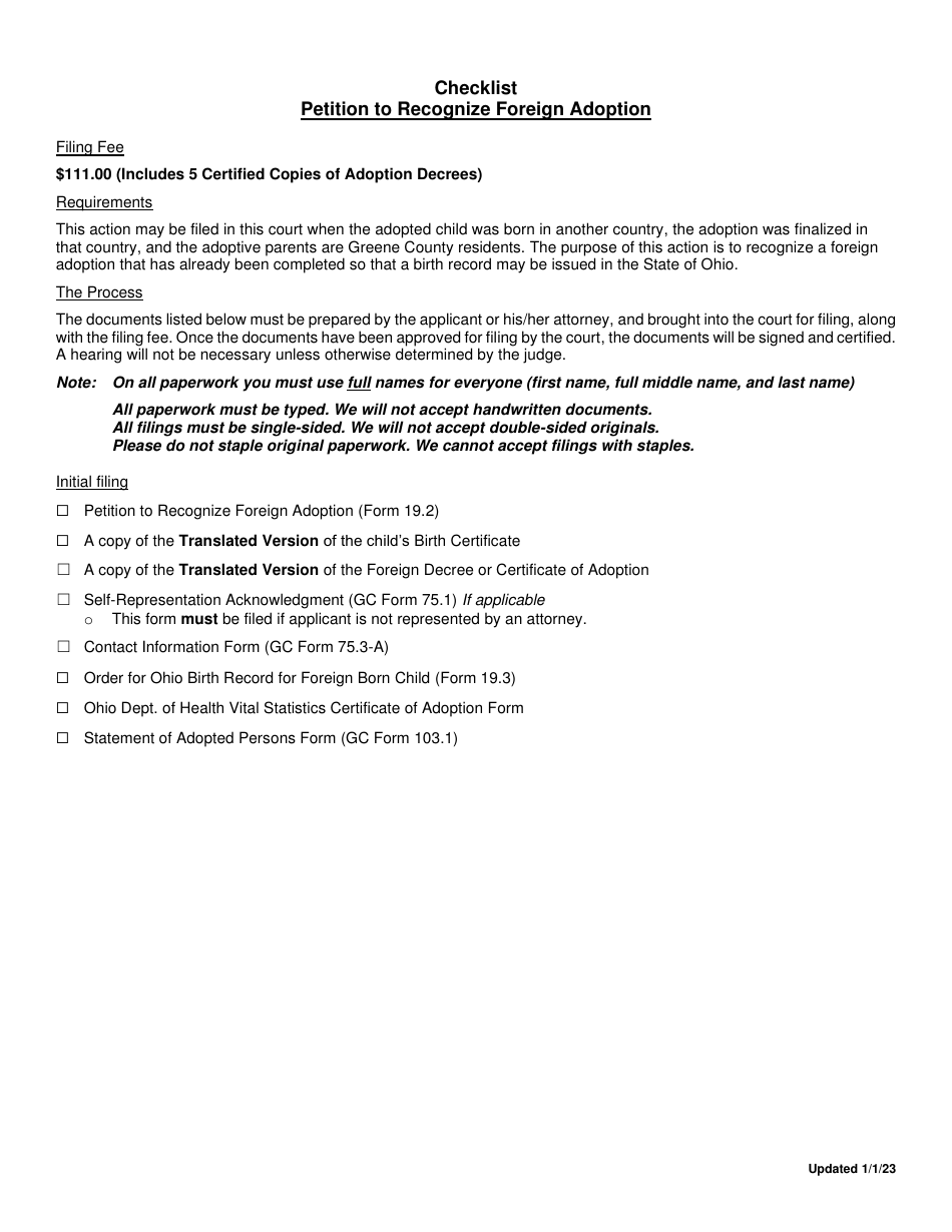 Greene County, Ohio Checklist - Petition to Recognize Foreign Adoption ...