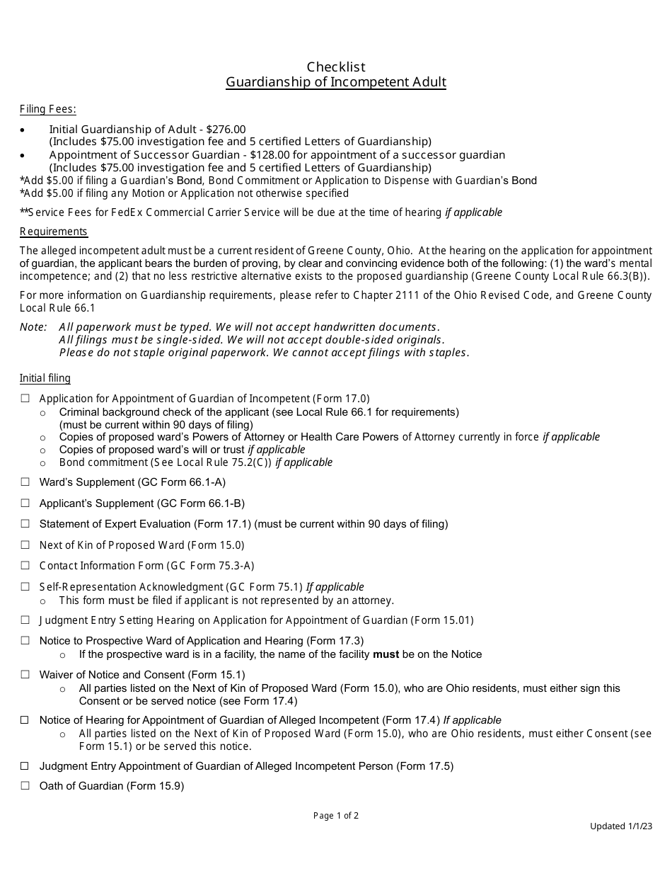 Greene County, Ohio Checklist - Guardianship of Incompetent Adult ...