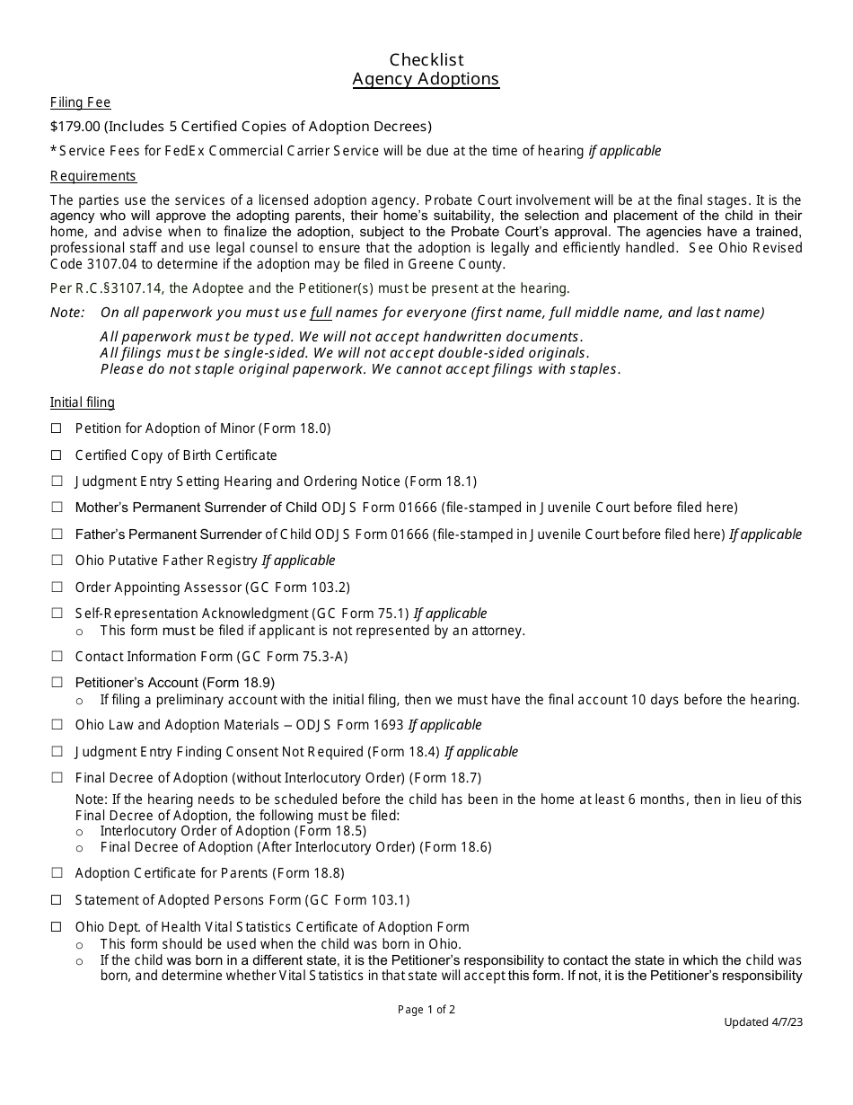 Greene County, Ohio Checklist - Agency Adoptions - Fill Out, Sign ...