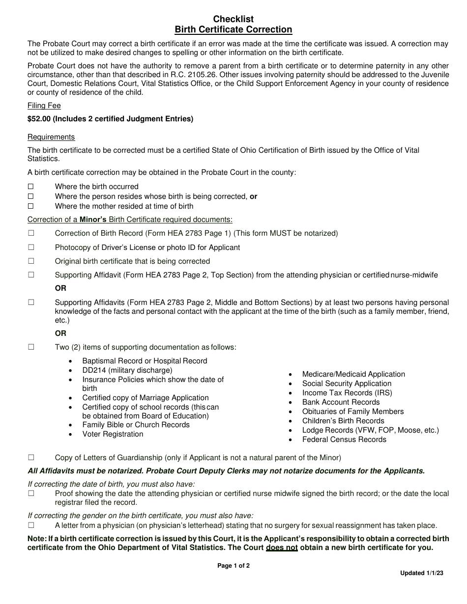 Greene County, Ohio Checklist - Birth Certificate Correction - Fill Out ...
