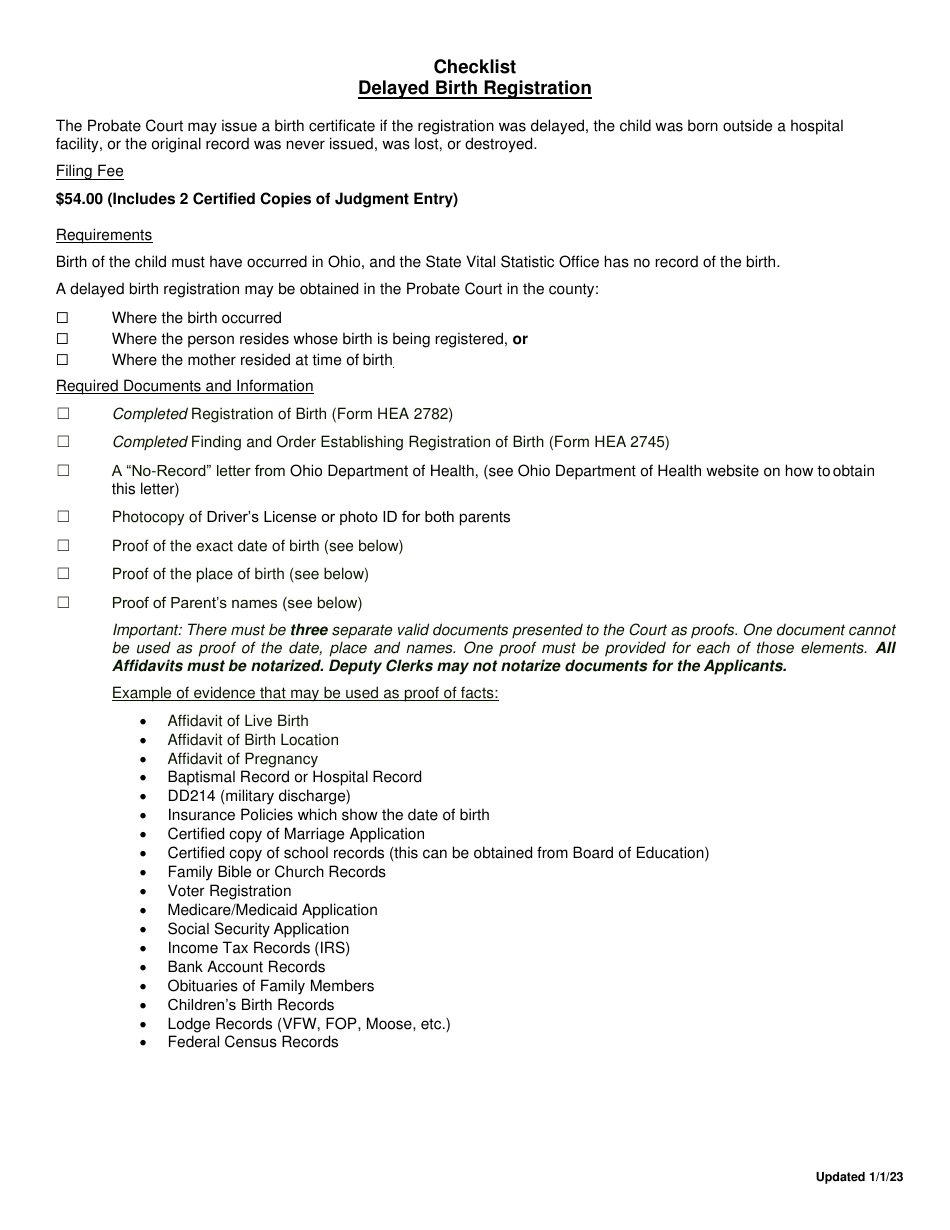 Greene County, Ohio Checklist - Delayed Birth Registration - Fill Out ...