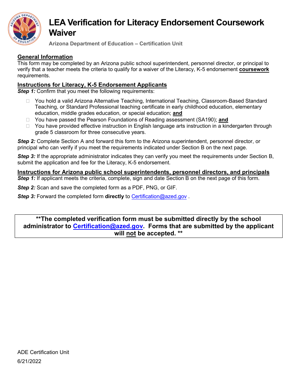Arizona Lea Verification for Literacy Endorsement Coursework Waiver ...
