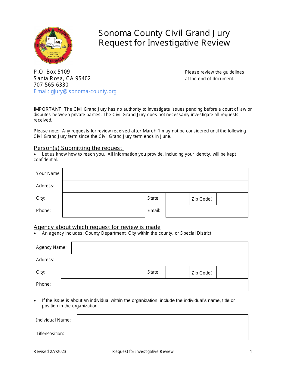 Sonoma County, California Request for Investigative Review - Sonoma ...