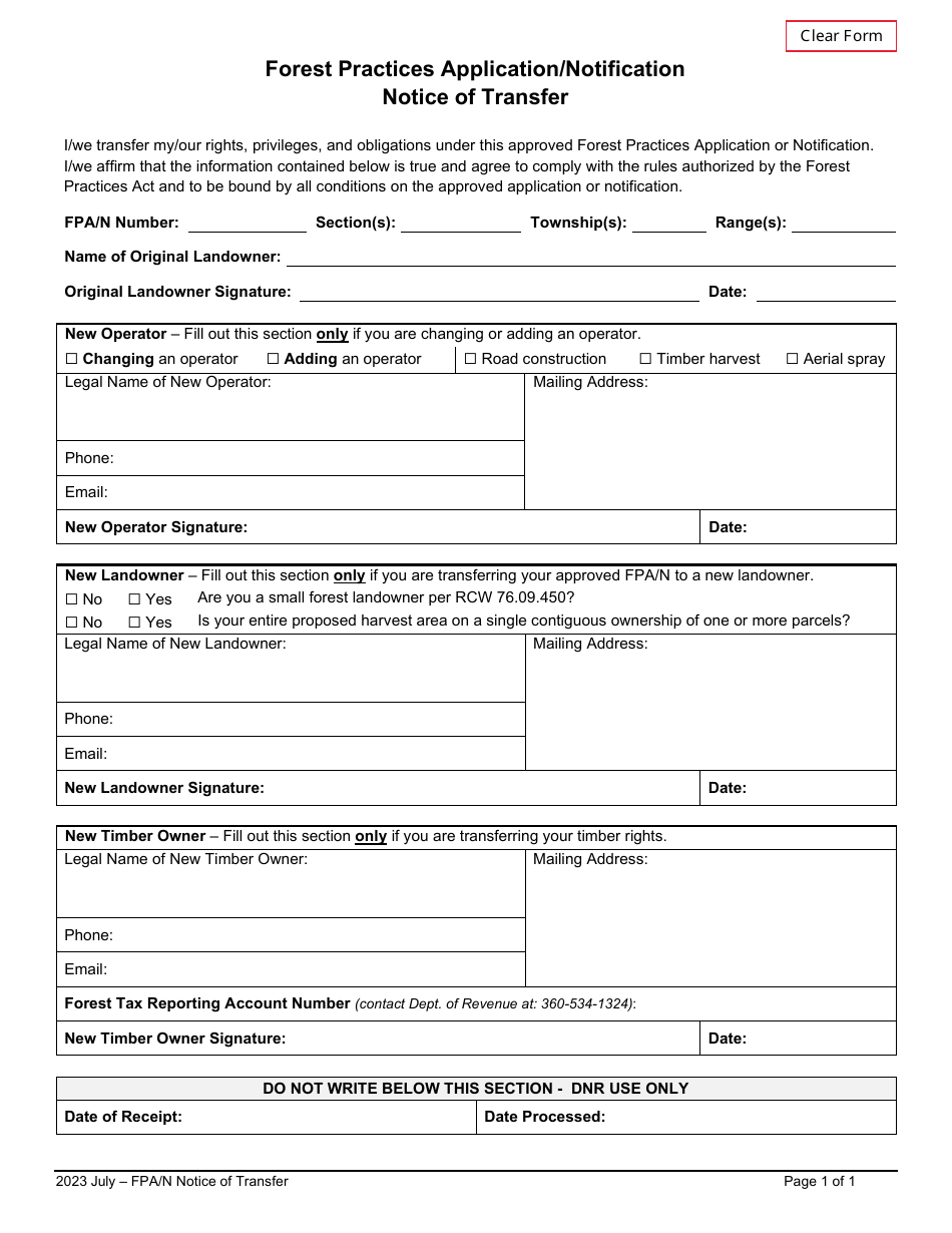 Washington Forest Practices Application/Notification Notice of Transfer ...