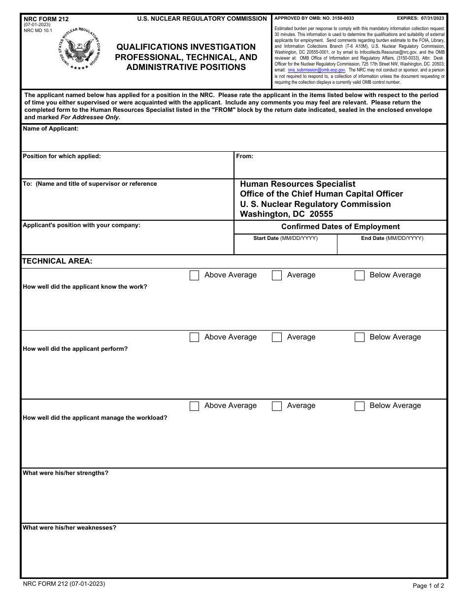 NRC Form 212 - Fill Out, Sign Online and Download Fillable PDF ...