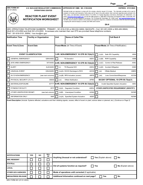NRC Form 361 Download Fillable PDF or Fill Online Reactor Plant Event ...