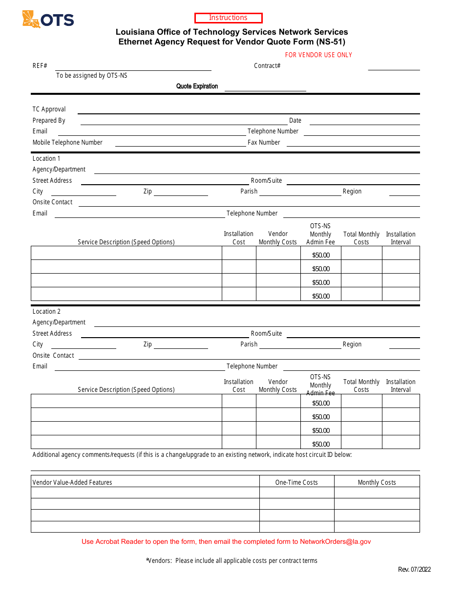 Form NS-51 Download Fillable PDF or Fill Online Ethernet Agency Request ...