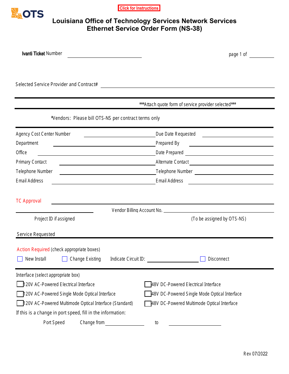 Form NS-38 Download Fillable PDF or Fill Online Ethernet Service Order ...