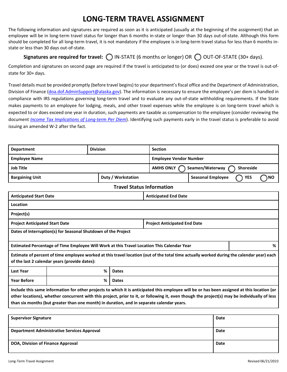 Alaska Long-Term Travel Assignment - Fill Out, Sign Online and Download ...